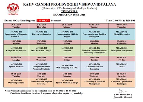 rgpv m c a dual degree 2nd sem grading system examination time table