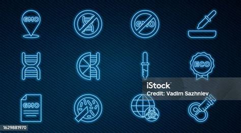 세트 라인 유전자 변형 고기 친환경 건강 식품 라벨 유전자 변형 성분 없음 주황색 Dna 기호 피펫 및 중지 아이콘 벡터 0명에 대한 스톡 벡터 아트 및 기타 이미지