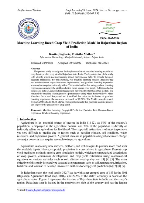 Pdf Machine Learning Based Crop Yield Prediction Model In Rajasthan Region Of India