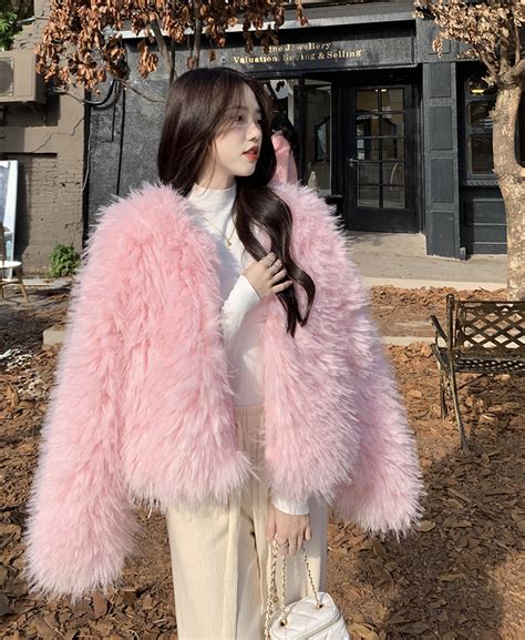 파스텔 퍼 자켓 고 퀄리티 하이 엔드 앙고라 퍼 인조 모피 에코 페이크 가을 겨울 롱 슬리브 긴팔 V 브이 넥 페미닌 미디