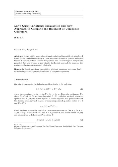 Pdf Lure Quasi Variational Inequalities And New Approach To Compute The Resolvent Of