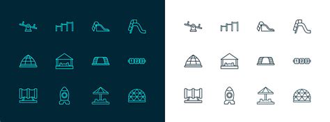 슬라이드 놀이터 로켓 우주선 장난감 원숭이 바 모래가 있는 샌드박스 시소 및 스포츠 수평 아이콘을 설정합니다 벡터 Launch