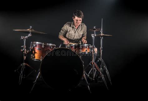 Professional Drummer Playing On Drum Set On Stage On The Black Background Stock Image Image Of