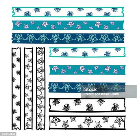 다른 손으로 그린 낙서 패턴이있는 스카치 테이프 스트립의 큰 세트 다른 패턴을 가진 흰색 배경에 별 스카치 테이프 스티커 벡터 일러스트레이션 가장자리에 대한 스톡 벡터 아트