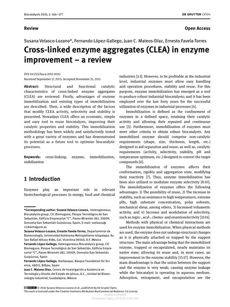 Pdf Cross Linked Enzyme Aggregates Clea In Enzyme Improvement A Review