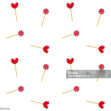 과자 하트와 롤리팝과 매끄러운 패턴 흰색 배경에 빨간 과자 섬유 랩 벽지 디자인 벡터 일러스트레이션 공휴일에 대한 스톡 벡터