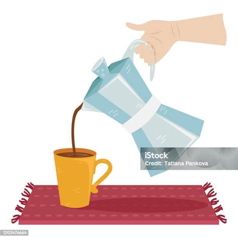 소녀는 간헐천 코피 메이커에서 커피 한 잔에 커피를 붓습니다 커피를 양조하는 다른 방법 커피 문화 커피메이커에 대한 스톡 벡터