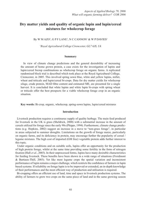 Pdf Dry Matter Yields And Quality Of Organic Lupin And Lupincereal Mixtures For Wholecrop Forage