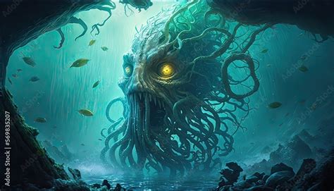 Eldritch Abomination Rising From The Depths Of The Ocean The Environment Is A Cold And Dank