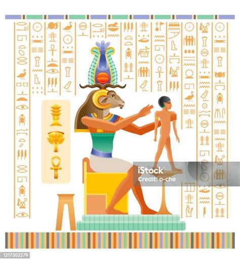 이집트 파피루스 와 신 Khnum 와 램 머리 점토에서 도자기 바퀴에 인간을 만드는 고대 이집트의 신은 오래된 역사적인 종이