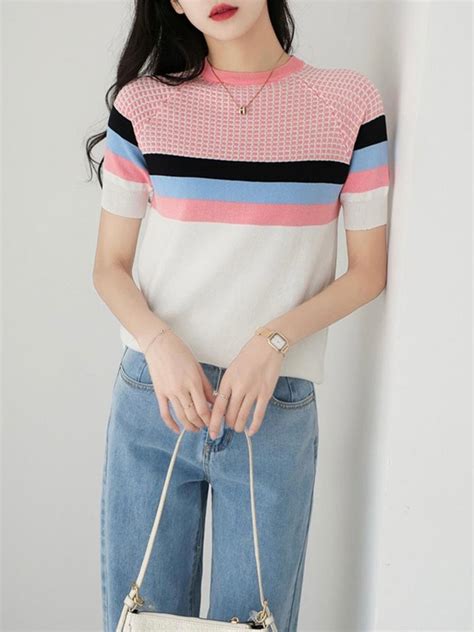 Contrasted Color Stripe Loose Knitted Top Meji Fashion