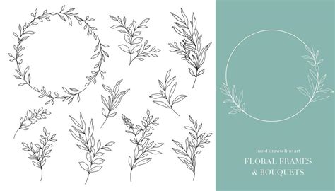 Greenery Line Art Floral Frames And Bouquets Line Art Fine Line Greenery Frames Hand Drawn