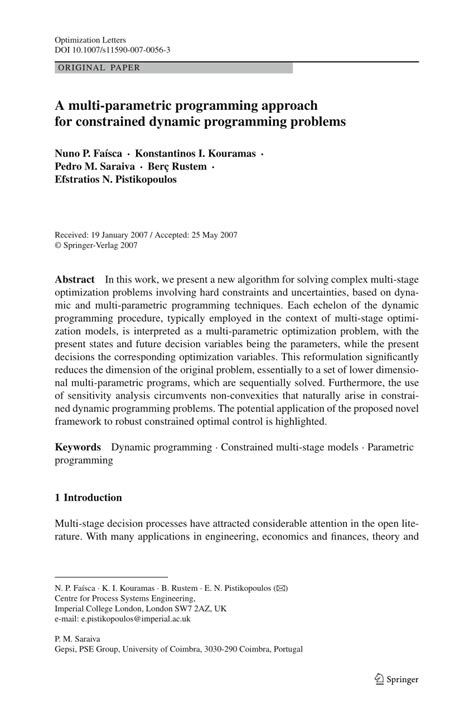 Pdf A Multi Parametric Programming Approach For Constrained Dynamic Programming Problems