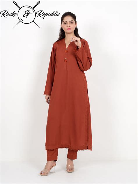 Viscous Crepe Georgette Solid Co Ord Set Long Rust Rocks And Republic