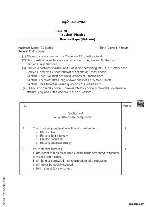 Class 12 Physics Mid Term Sample Paper 2024 Download Pt1 Term 1