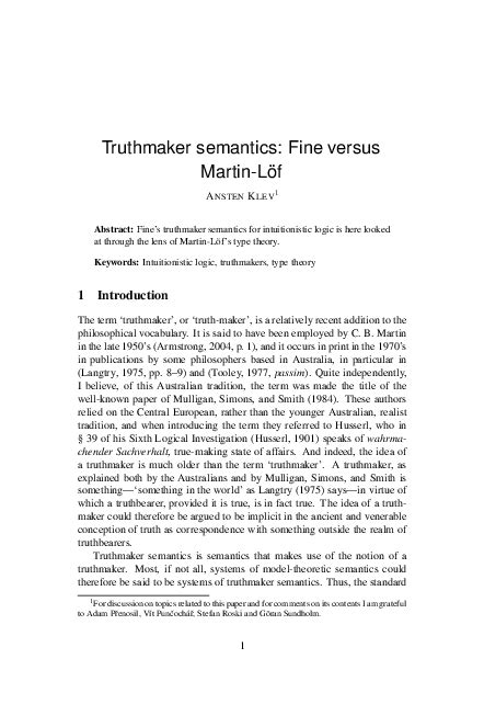 Pdf Truthmaker Semantics Fine Versus Martin Löf