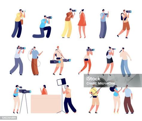 기자 캐릭터 인터뷰 여자 이야기 Tv 카메라 고립 된 카메라맨 사진 작가 창조적 인 뉴스 제작자 작업 벡터 일러스트 언론인에