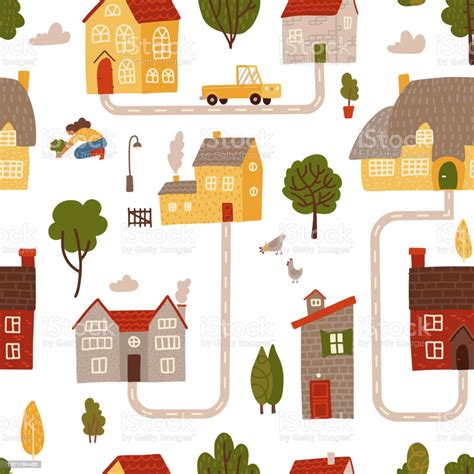 여름 손으로 그린 낙서 컨트리 하우스와 흰색 배경에 고립 된 나무 풍경의 원활한 패턴 아늑한 로드맵 배경 플랫 벡터 그림입니다