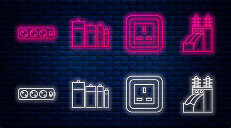 설정 라인 배터리 전기 콘센트 전기 확장 코드 및 원자력 발전소 벽돌 벽에 빛나는 네온 아이콘입니다 벡터 0명에 대한 스톡 벡터 아트 및 기타 이미지 Istock