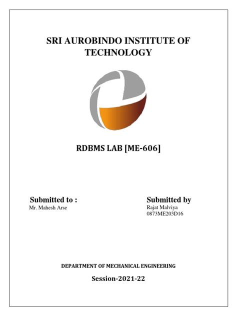Sri Aurobindo Institute Of Technology Rdbms Lab Me 606 Pdf