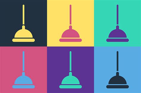 색상 배경에 고립 된 파이프 청소 아이콘을위한 나무 손잡이가있는 팝 아트 고무 플런저 화장실 플런저 벡터 일러스트레이션 가사 집안일에 대한 스톡 벡터 아트 및 기타 이미지