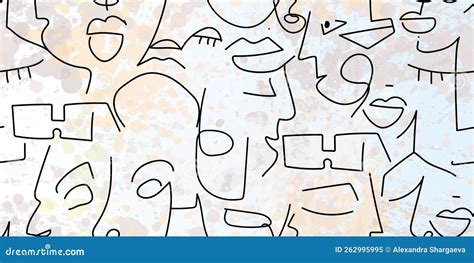 One Line Drawing Abstract Face Seamless Pattern Stock Vector Illustration Of Drawn Minimal