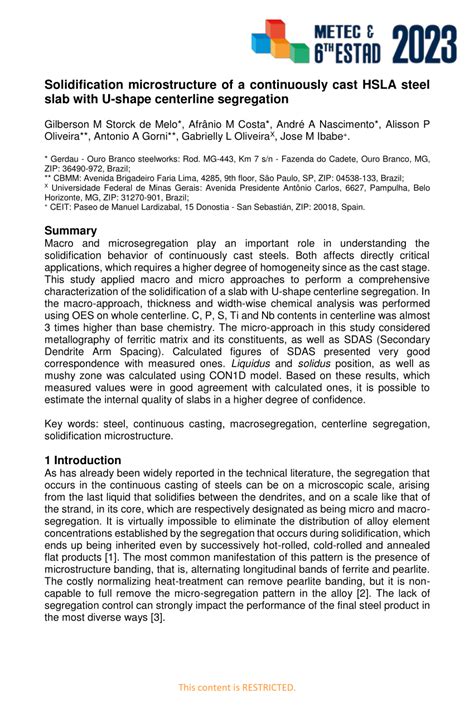 Pdf Solidification Microstructure Of A Continuously Cast Hsla Steel