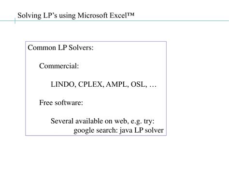 ppt solving lp s using microsoft excel™ powerpoint presentation free