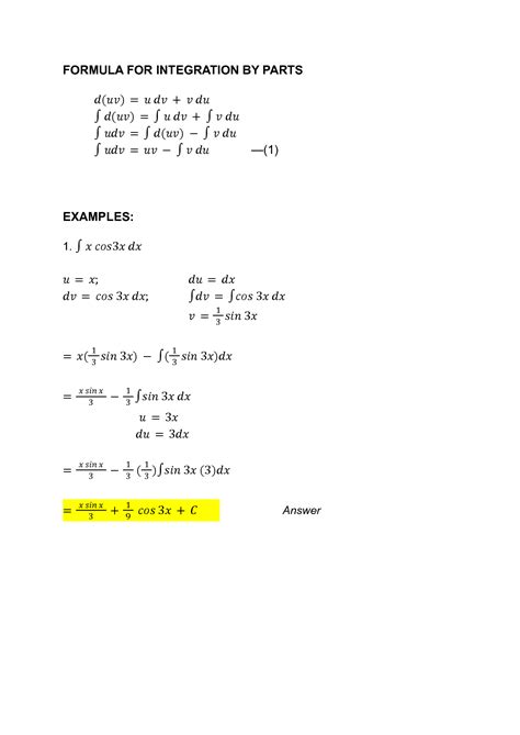 SOLUTION Calculus Integration By Parts Examples And Solution Studypool