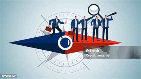 사업 개발 기회 또는 경력 경로 방향 결정 솔루션 모색 사업가는 앞으로 나아갈 길을 찾기 위해 나침반 바늘에 서 있습니다 가능성에 대한 스톡 벡터 아트 및 기타 이미지