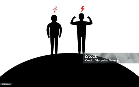 에너지와 힘의 전체 남자 낮은 에너지 레벨 번개 실루엣 아트 이미지 흰색 배경에 고립 된 벡터 일러스트레이션과 피곤 슬픈 젊은 남자 기진맥진에 대한 스톡 벡터 아트 및 기타