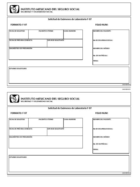 Formato Solicitud De Examenes De Laboratorio F 97