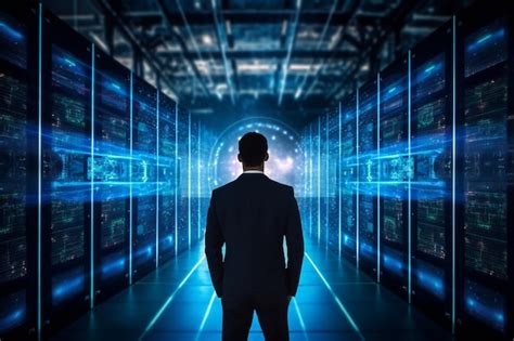 Premium AI Image Back View Of Businessman Standing In Server Room