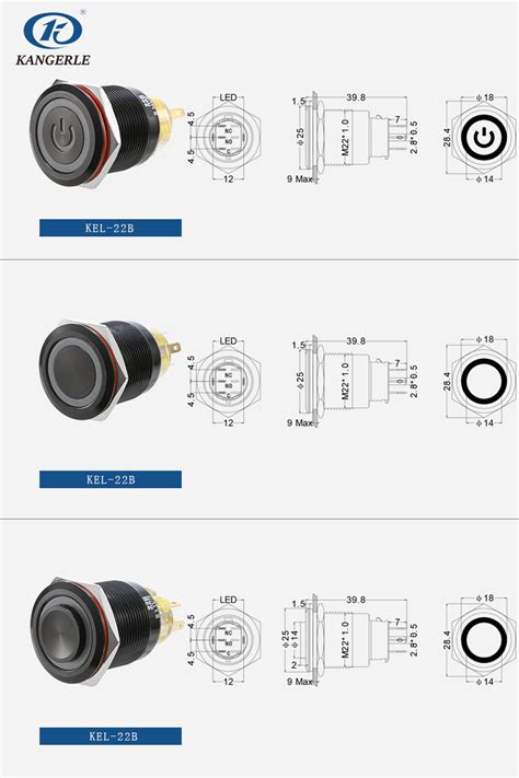 Latching Black Metal Push Button Switch 22mm Flat Head With Circle LED KANGERLE ELECTRONICS