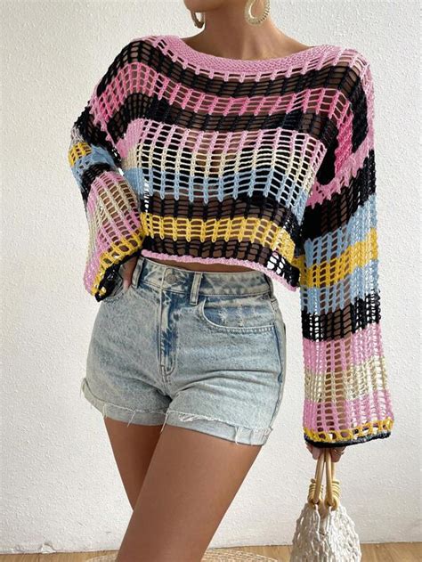 Colorblock Hollow Out Drop Shoulder Cover Up Shein Uk