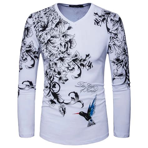 New Arrived Men Long Sleeve V Neck Print Flower Designer Casual T Shirt