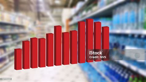 흐린 통로 슈퍼마켓 배경에 비즈니스 빨간색 그래프 차트 3d 그림 성장 가격 식료품 상승 인플레이션과 위기 개념 소매 산업 금융 및 경제 그래픽 통계 0명에 대한 스톡 사진