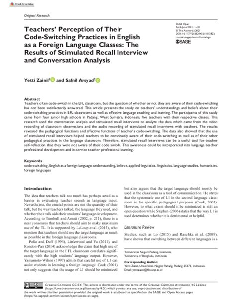 Pdf Teachers Perception Of Their Code Switching Practices In English