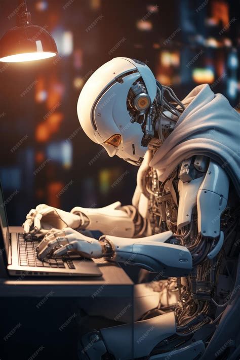 Premium Ai Image Close Up On Anthropomorphic Robot Working On