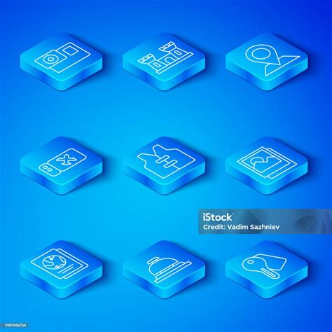 라인 여권 구명 조끼 호텔 서비스 벨 사진 위치 항공권 액션 카메라 및 도어 잠금 키 아이콘을 설정합니다 벡터 3차원 형태에 대한 스톡 벡터 아트 및 기타 이미지 Istock