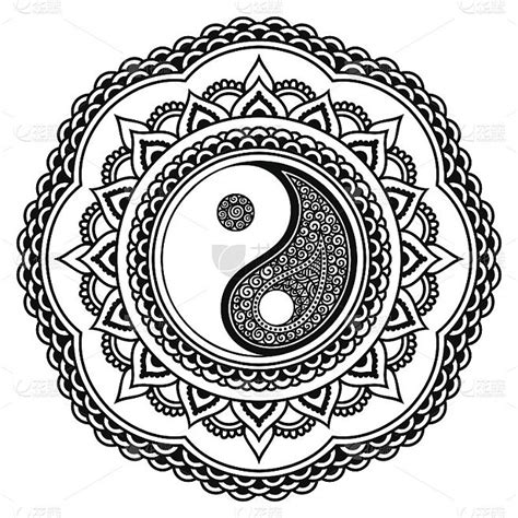 矢量指甲花纹身曼荼罗。阴阳装饰符号。手绘风格。