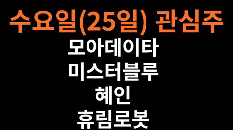 수요일25일 관심주 모아데이타 미스터블루 혜인 휴림로봇테마데이타 넷플렉스정이 로봇 항공 메타버스인공지능 Youtube