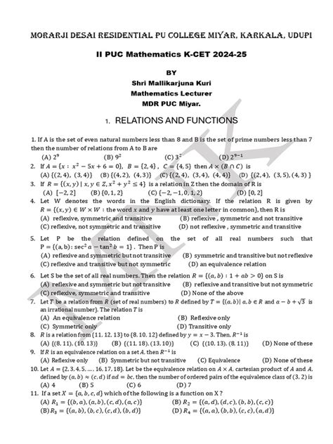 Relations And Functions Ii Puc Maths Kcet 2024 25 Pdf