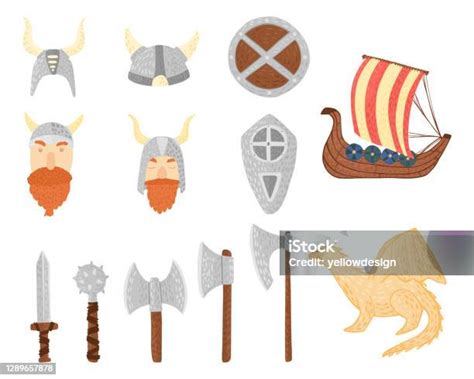흰색 배경에 헬멧에 바이킹을 설정합니다 만화 귀여운 바이킹 용 방패 칼 갑옷 도끼 낙서에 드라크카르 0명에 대한 스톡 벡터 아트 및 기타 이미지 Istock