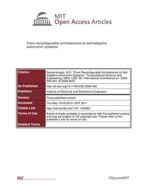 Pdf From Reconfigurable Architectures To Self Adaptive Autonomic Systems