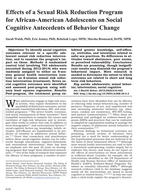Pdf Effects Of A Sexual Risk Reduction Program For African American Adolescents On Social