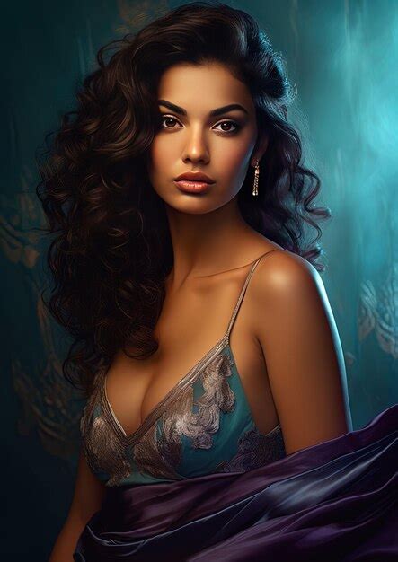 Premium Photo A Woman With Long Hair And A Blue Dress Is Standing In Front Of A Wall With A