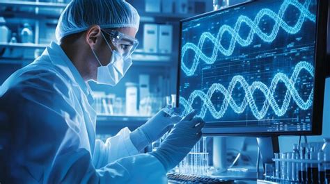 Scientist In A Lab Examining Dna Structure On A Computer Screen Premium Ai Generated Image