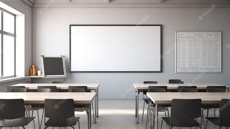 Premium Ai Image Empty Modern Classroom With White Interactive Board Generative Ai