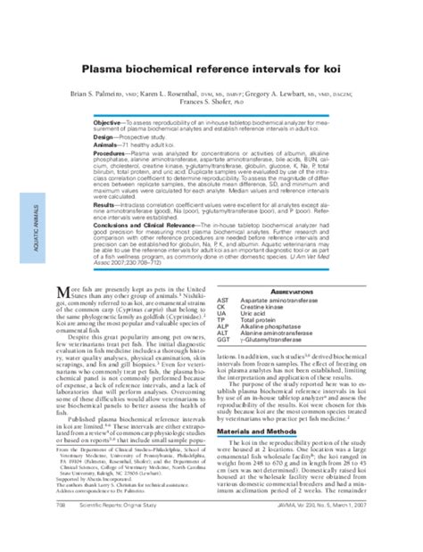 pdf plasma biochemical reference intervals for koi karen rosenthal